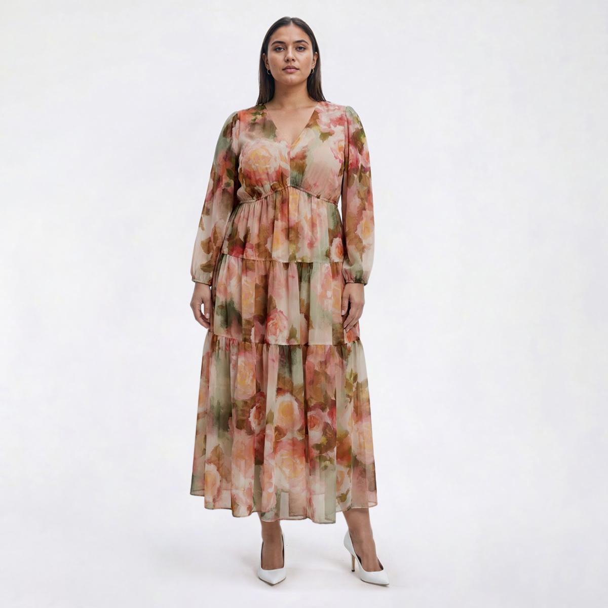 Robbie Bee Plus Size Printed Balloon-Sleeve Tiered Dress - Coral.peach